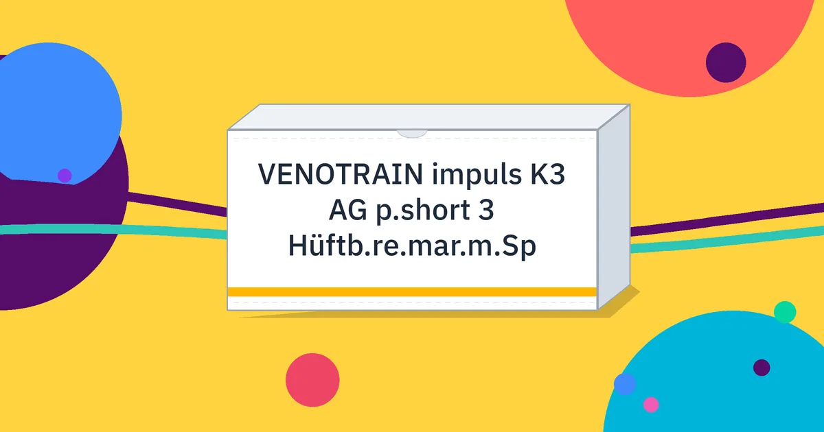 Symbolbild: Packung mit der Aufschrift VENOTRAIN impuls K3 AG p.short 3 Hüftb.re.mar.m.Sp (PZN 15217685) – Verfügbarkeit und Bezug in Apotheken in Frankfurt am Main