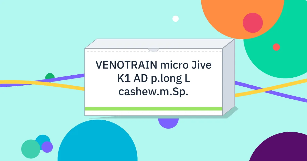 Symbolbild: Packung mit der Aufschrift VENOTRAIN micro Jive K1 AD p.long L cashew.m.Sp. (PZN 20768335) – Verfügbarkeit und Bezug in Apotheken in Frankfurt am Main