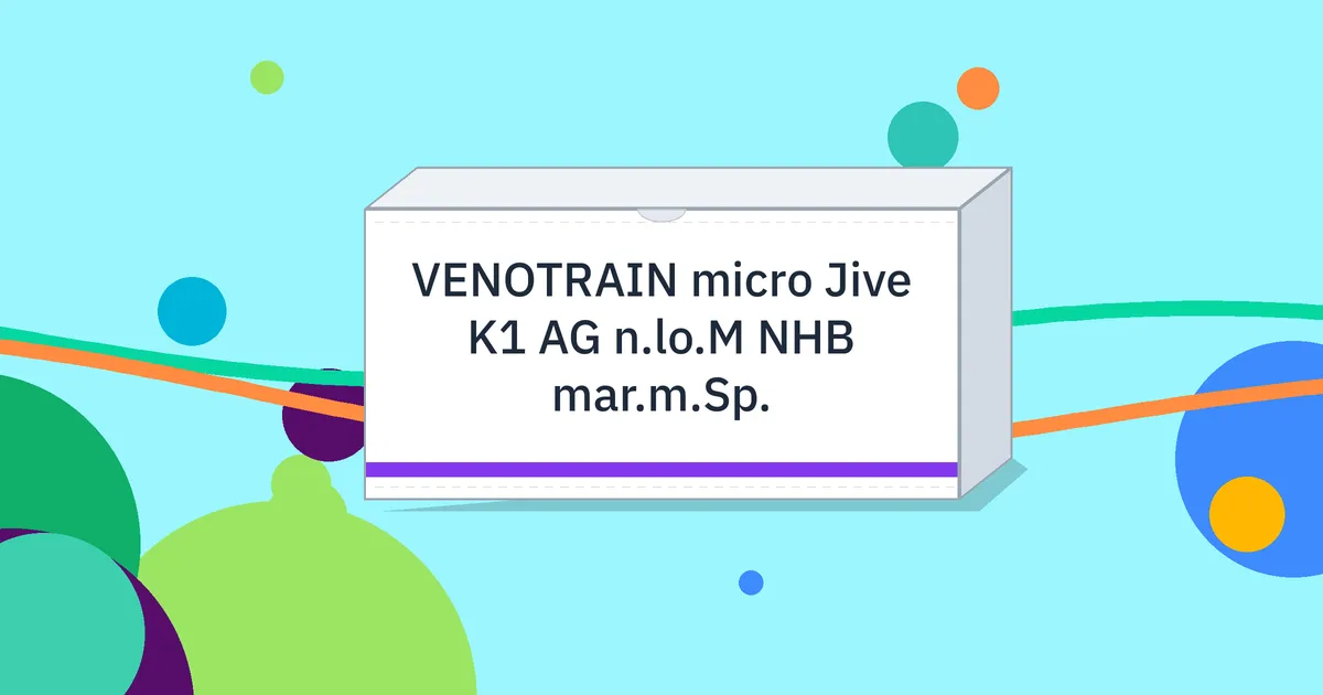 Symbolbild: Packung mit der Aufschrift VENOTRAIN micro Jive K1 AG n.lo.M NHB mar.m.Sp. (PZN 17767289) – Verfügbarkeit und Bezug in Apotheken in Frankfurt am Main
