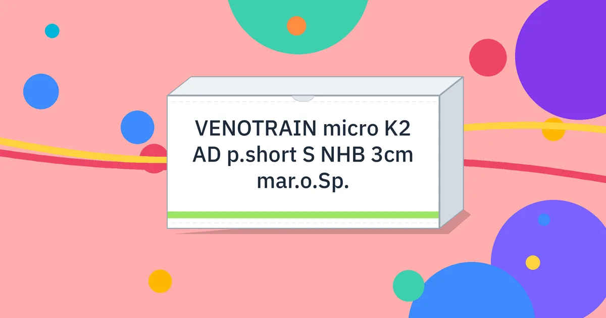 Symbolbild: Packung mit der Aufschrift VENOTRAIN micro K2 AD p.short S NHB 3cm mar.o.Sp. (PZN 06701637) – Verfügbarkeit und Bezug in Apotheken in Frankfurt am Main