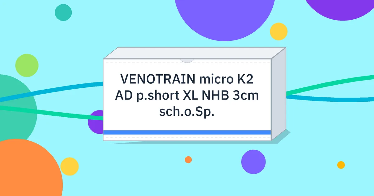 Symbolbild: Packung mit der Aufschrift VENOTRAIN micro K2 AD p.short XL NHB 3cm sch.o.Sp. (PZN 05719173) – Verfügbarkeit und Bezug in Apotheken in Frankfurt am Main