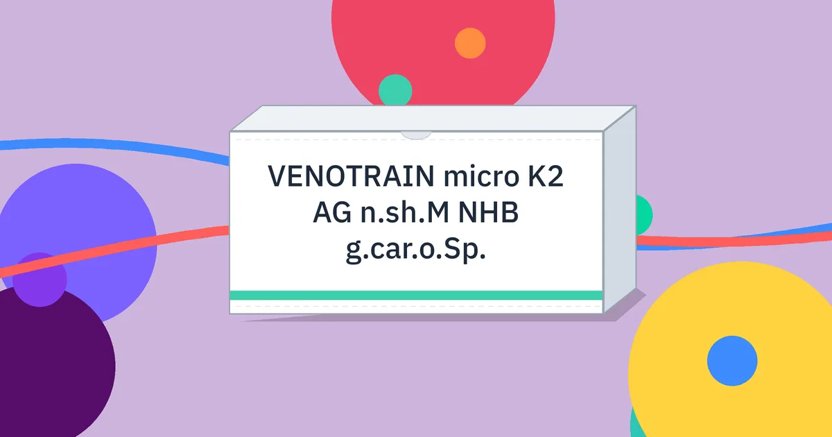 Symbolbild: Packung mit der Aufschrift VENOTRAIN micro K2 AG n.sh.M NHB g.car.o.Sp. (PZN 05999511) – Verfügbarkeit und Bezug in Apotheken in Frankfurt am Main