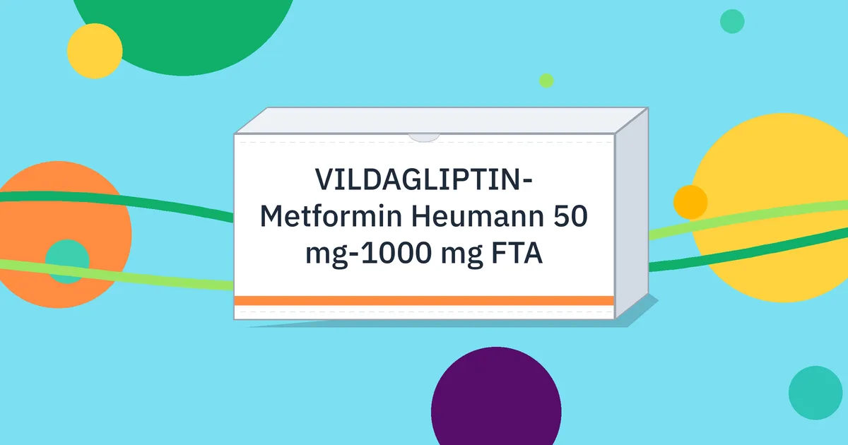 Symbolbild: Packung mit der Aufschrift VILDAGLIPTIN-Metformin Heumann 50 mg-1000 mg FTA (PZN 17367443) – Verfügbarkeit und Bezug in Apotheken in Frankfurt am Main