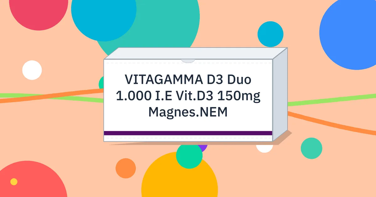 Symbolbild: Packung mit der Aufschrift VITAGAMMA D3 Duo 1.000 I.E Vit.D3 150mg Magnes.NEM (PZN 11141206) – Verfügbarkeit und Bezug in Apotheken in Frankfurt am Main