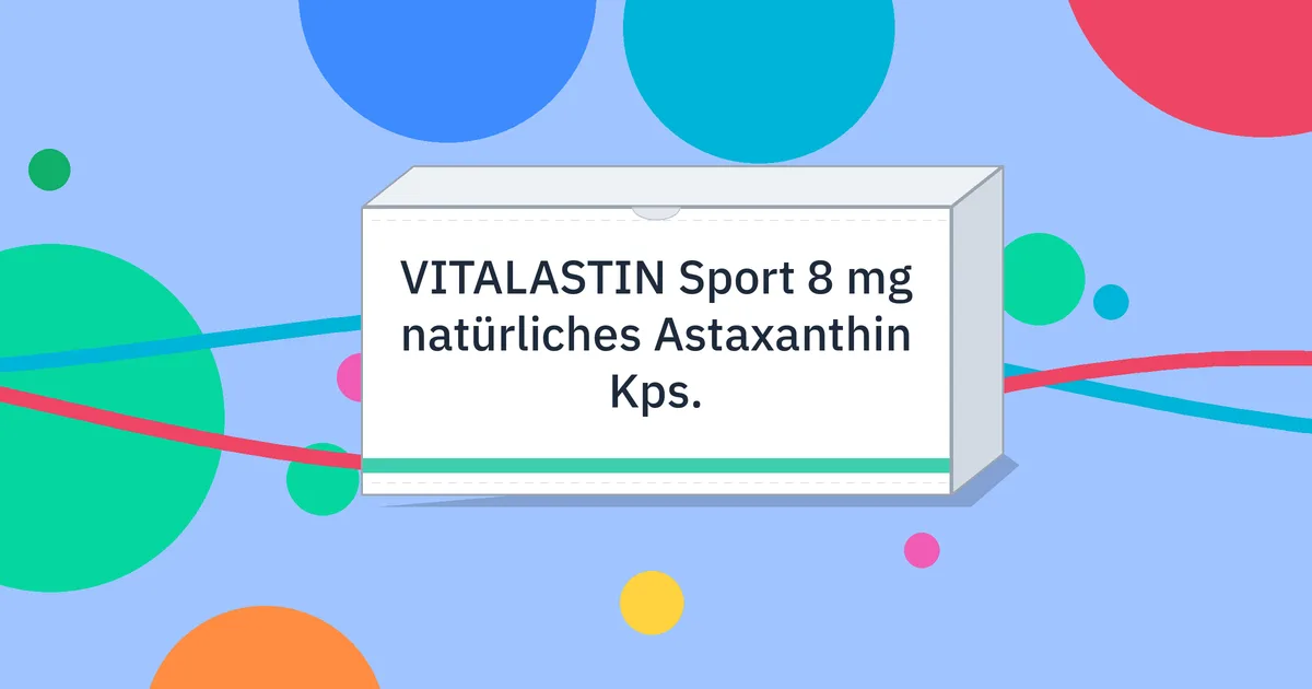 Symbolbild: Packung mit der Aufschrift VITALASTIN Sport 8 mg natürliches Astaxanthin Kps. (PZN 16398588) – Verfügbarkeit und Bezug in Apotheken in Frankfurt am Main