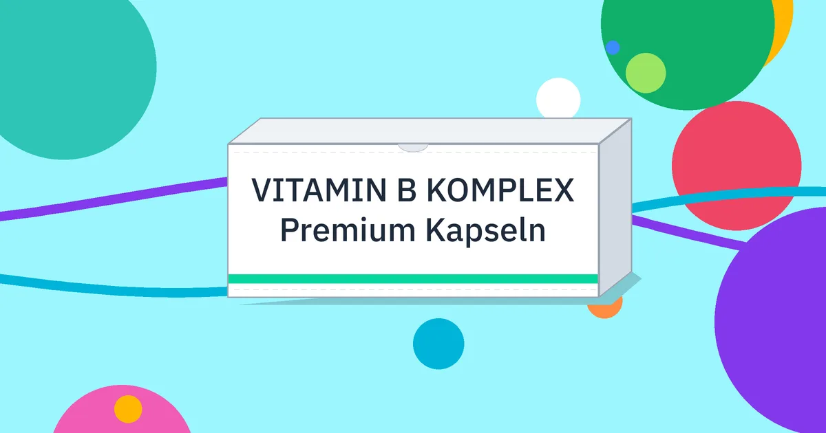 Symbolbild: Packung mit der Aufschrift VITAMIN B KOMPLEX Premium Kapseln (PZN 14385908) – Verfügbarkeit und Bezug in Apotheken in Frankfurt am Main