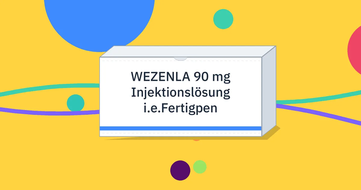 Symbolbild: Packung mit der Aufschrift WEZENLA 90 mg Injektionslösung i.e.Fertigpen (PZN 20124661) – Verfügbarkeit und Bezug in Apotheken in Frankfurt am Main
