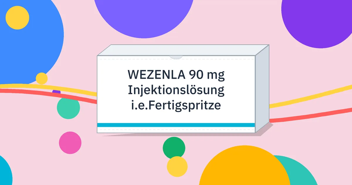 Symbolbild: Packung mit der Aufschrift WEZENLA 90 mg Injektionslösung i.e.Fertigspritze (PZN 20001036) – Verfügbarkeit und Bezug in Apotheken in Frankfurt am Main
