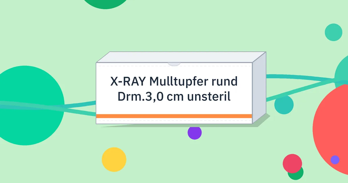 Symbolbild: Packung mit der Aufschrift X-RAY Mulltupfer rund Drm.3,0 cm unsteril (PZN 03895931) – Verfügbarkeit und Bezug in Apotheken in Frankfurt am Main