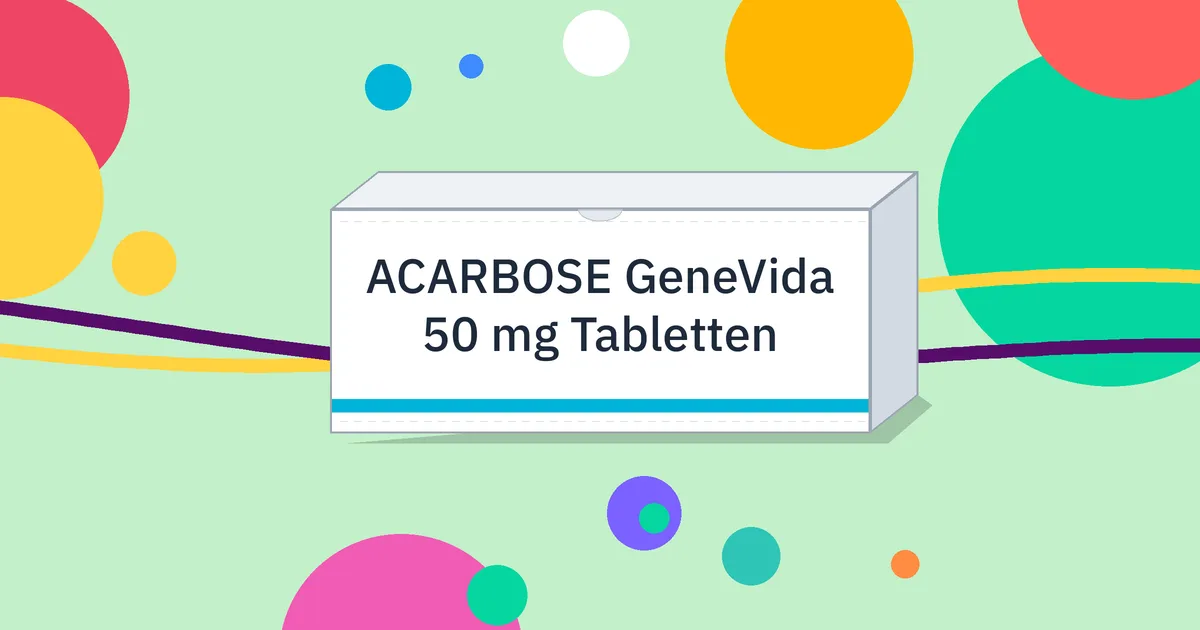 Symbolbild: Packung mit der Aufschrift ACARBOSE GeneVida 50 mg Tabletten (PZN 12559267) – Verfügbarkeit und Bezug in Apotheken in Frankfurt am Main