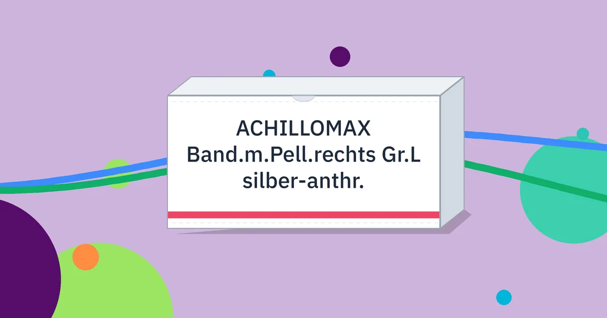Symbolbild: Packung mit der Aufschrift ACHILLOMAX Band.m.Pell.rechts Gr.L silber-anthr. (PZN 11565722) – Verfügbarkeit und Bezug in Apotheken in Frankfurt am Main