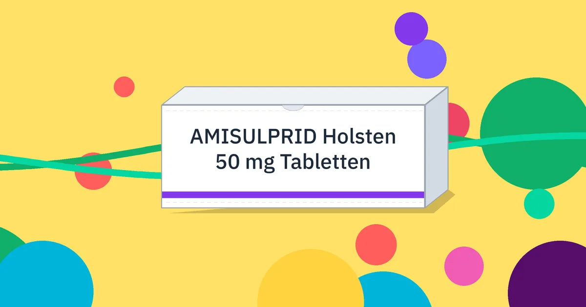 Symbolbild: Packung mit der Aufschrift AMISULPRID Holsten 50 mg Tabletten (PZN 12645191) – Verfügbarkeit und Bezug in Apotheken in Frankfurt am Main