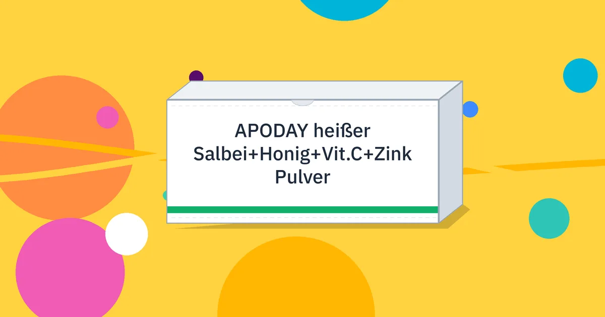 Symbolbild: Packung mit der Aufschrift APODAY heißer Salbei+Honig+Vit.C+Zink Pulver (PZN 11694371) – Verfügbarkeit und Bezug in Apotheken in Frankfurt am Main