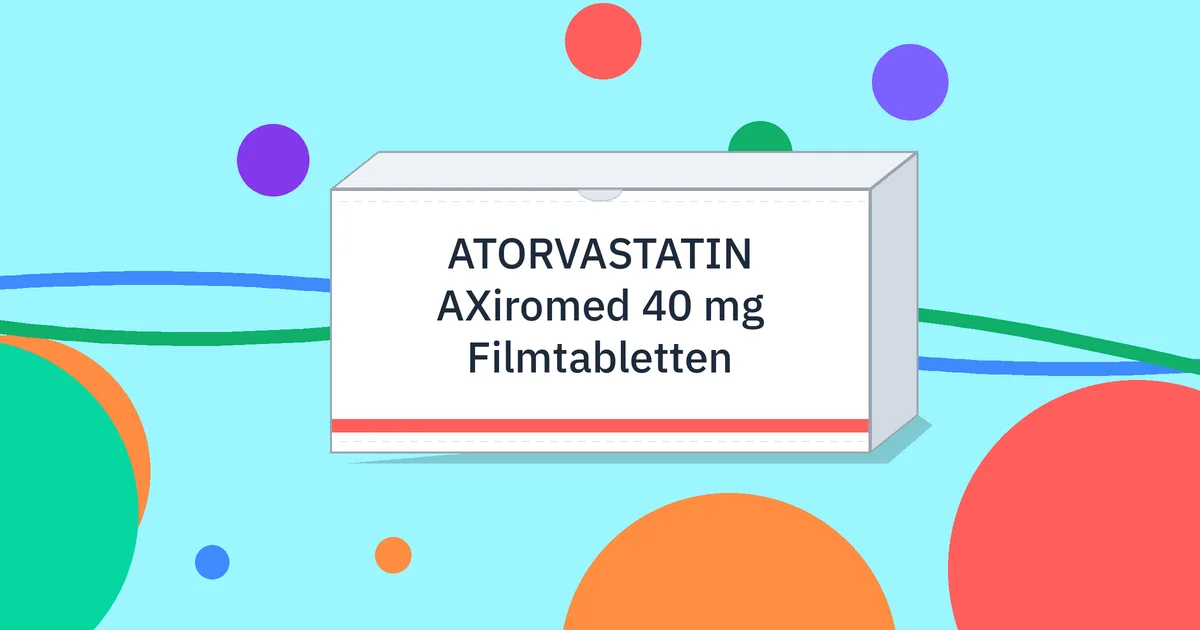 Symbolbild: Packung mit der Aufschrift ATORVASTATIN AXiromed 40 mg Filmtabletten (PZN 13817292) – Verfügbarkeit und Bezug in Apotheken in Frankfurt am Main