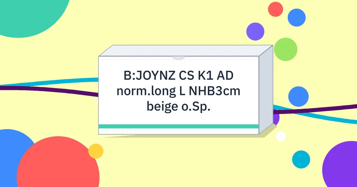 Symbolbild: Packung mit der Aufschrift B:JOYNZ CS K1 AD norm.long L NHB3cm beige o.Sp. (PZN 20529487) – Verfügbarkeit und Bezug in Apotheken in Frankfurt am Main
