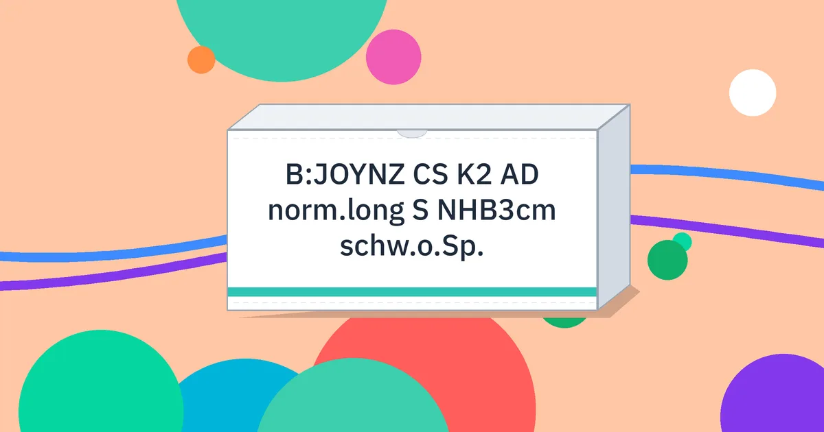 Symbolbild: Packung mit der Aufschrift B:JOYNZ CS K2 AD norm.long S NHB3cm schw.o.Sp. (PZN 20530467) – Verfügbarkeit und Bezug in Apotheken in Frankfurt am Main