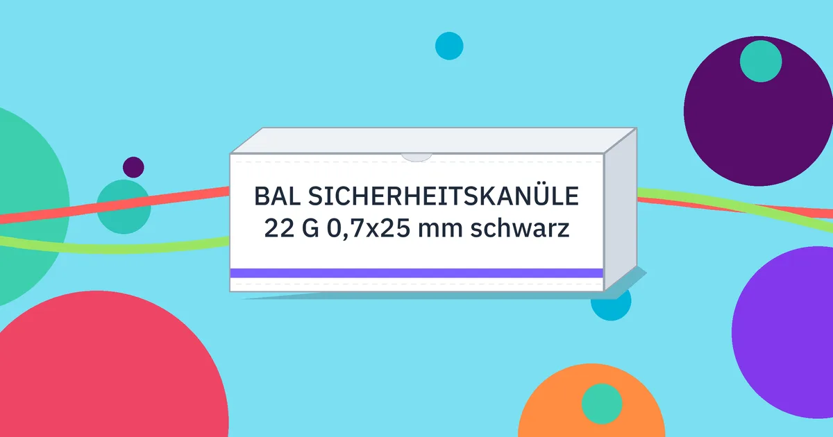 Symbolbild: Packung mit der Aufschrift BAL SICHERHEITSKANÜLE 22 G 0,7x25 mm schwarz (PZN 19124466) – Verfügbarkeit und Bezug in Apotheken in Frankfurt am Main