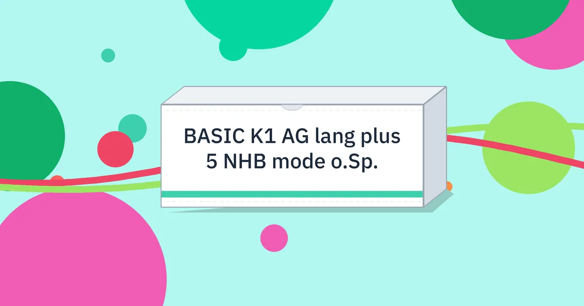 Symbolbild: Packung mit der Aufschrift BASIC K1 AG lang plus 5 NHB mode o.Sp. (PZN 20261547) – Verfügbarkeit und Bezug in Apotheken in Frankfurt am Main