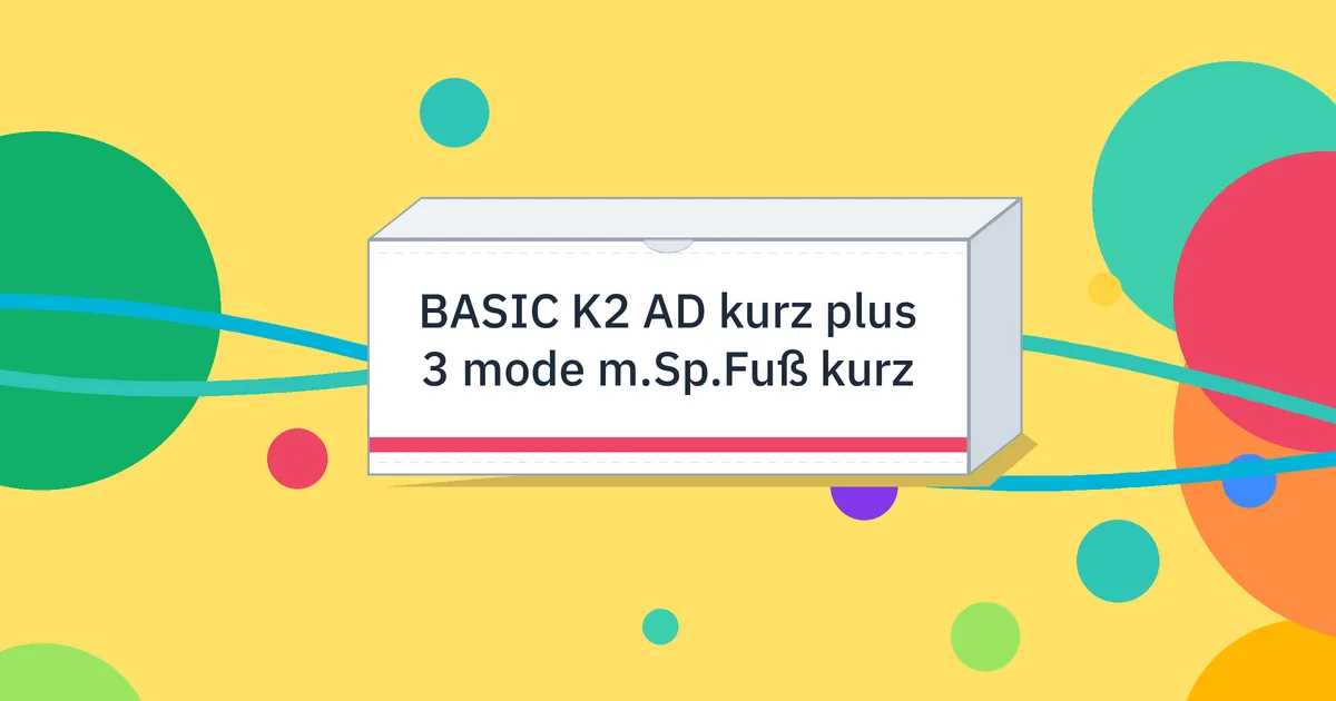 Symbolbild: Packung mit der Aufschrift BASIC K2 AD kurz plus 3 mode m.Sp.Fuß kurz (PZN 20264675) – Verfügbarkeit und Bezug in Apotheken in Frankfurt am Main