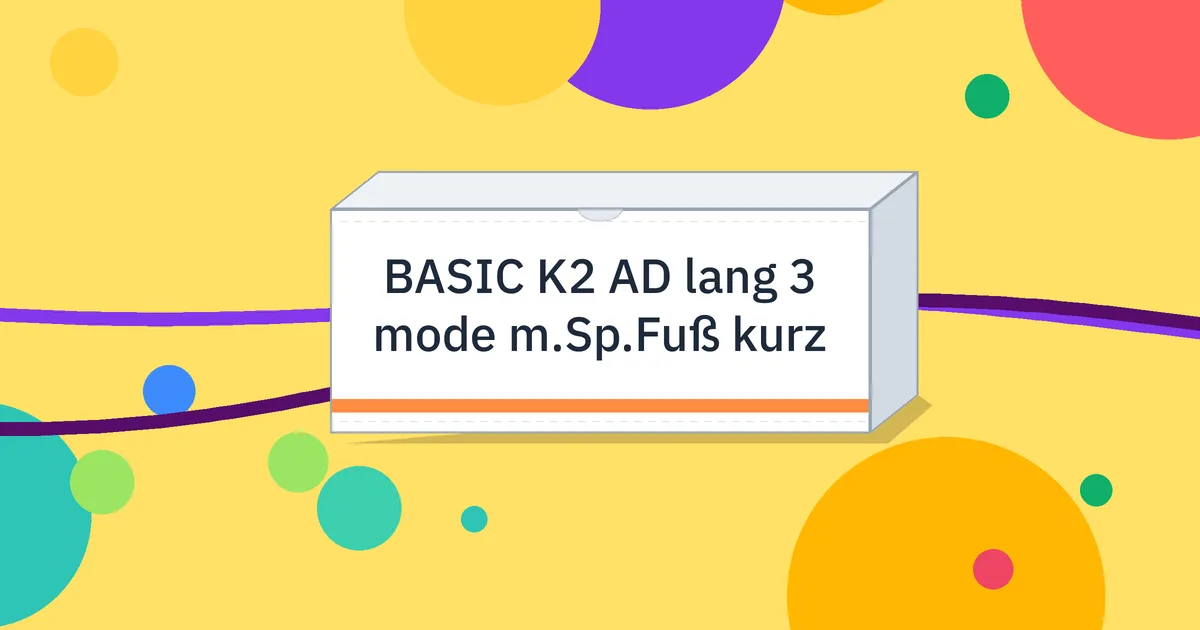 Symbolbild: Packung mit der Aufschrift BASIC K2 AD lang 3 mode m.Sp.Fuß kurz (PZN 20264563) – Verfügbarkeit und Bezug in Apotheken in Frankfurt am Main