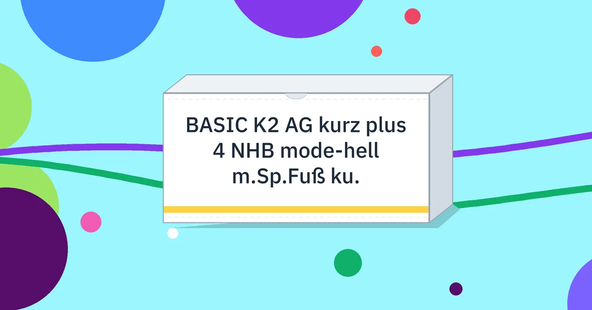 Symbolbild: Packung mit der Aufschrift BASIC K2 AG kurz plus 4 NHB mode-hell m.Sp.Fuß ku. (PZN 20267633) – Verfügbarkeit und Bezug in Apotheken in Frankfurt am Main
