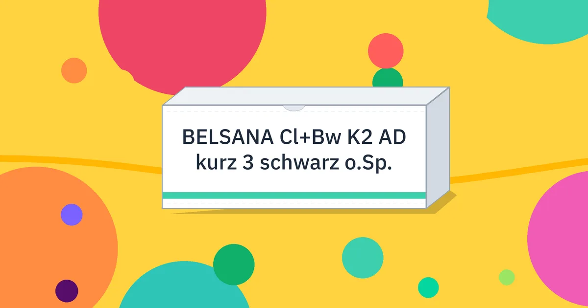Symbolbild: Packung mit der Aufschrift BELSANA Cl+Bw K2 AD kurz 3 schwarz o.Sp. (PZN 12241111) – Verfügbarkeit und Bezug in Apotheken in Frankfurt am Main