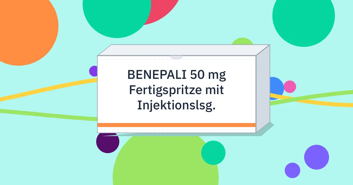 Symbolbild: Packung mit der Aufschrift BENEPALI 50 mg Fertigspritze mit Injektionslsg. (PZN 13865374) – Verfügbarkeit und Bezug in Apotheken in Frankfurt am Main