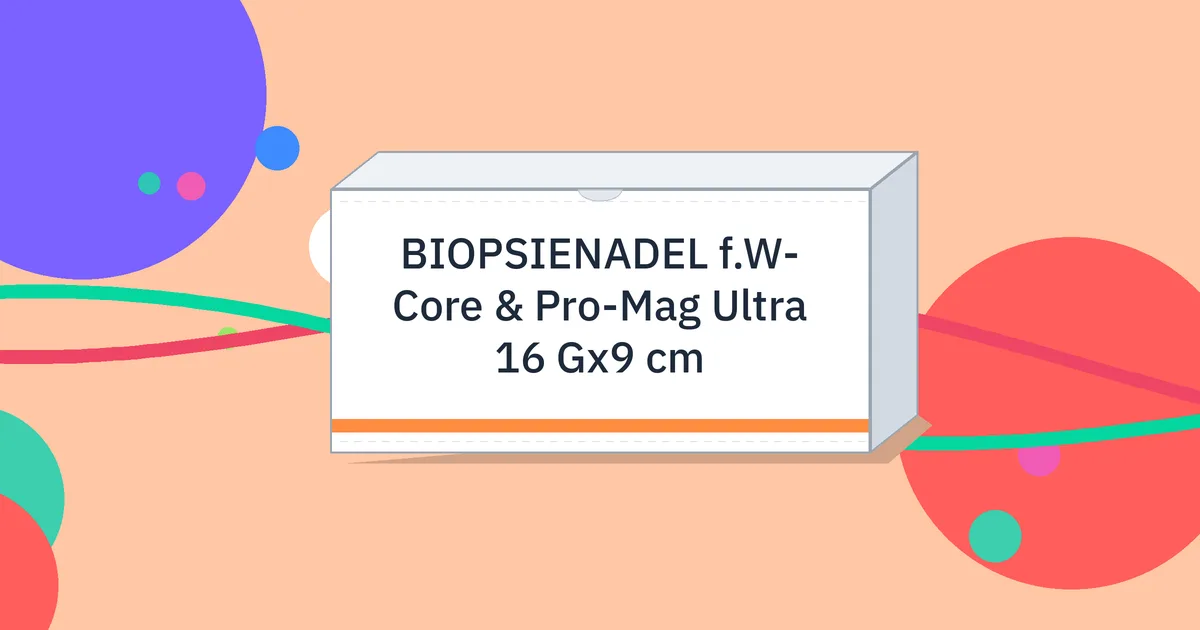 Symbolbild: Packung mit der Aufschrift BIOPSIENADEL f.W-Core & Pro-Mag Ultra 16 Gx9 cm (PZN 19351647) – Verfügbarkeit und Bezug in Apotheken in Frankfurt am Main