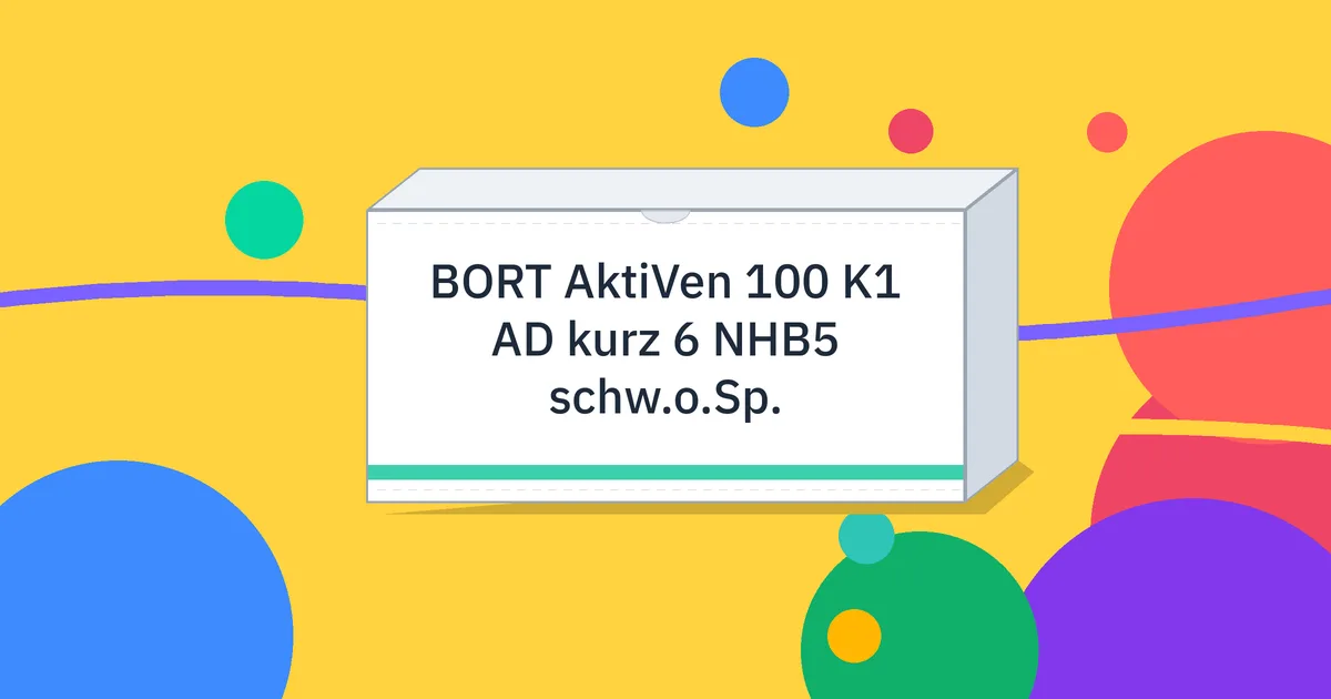 Symbolbild: Packung mit der Aufschrift BORT AktiVen 100 K1 AD kurz 6 NHB5 schw.o.Sp. (PZN 17497341) – Verfügbarkeit und Bezug in Apotheken in Frankfurt am Main