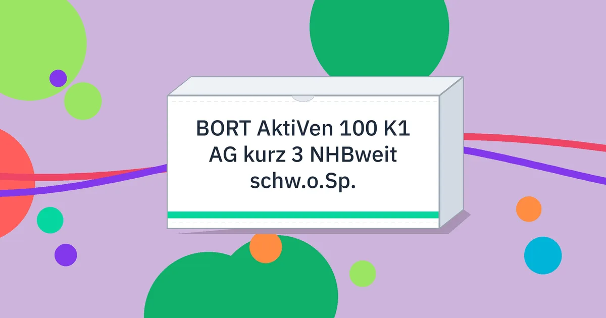 Symbolbild: Packung mit der Aufschrift BORT AktiVen 100 K1 AG kurz 3 NHBweit schw.o.Sp. (PZN 14387793) – Verfügbarkeit und Bezug in Apotheken in Frankfurt am Main