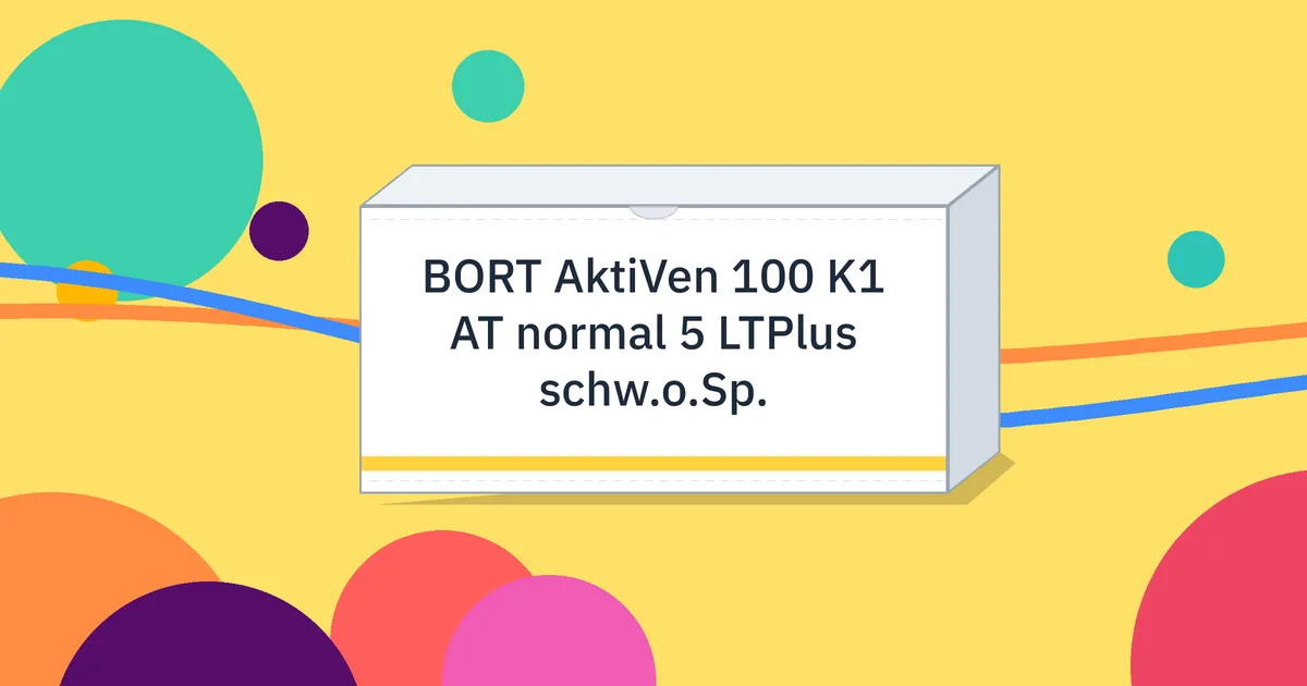 Symbolbild: Packung mit der Aufschrift BORT AktiVen 100 K1 AT normal 5 LTPlus schw.o.Sp. (PZN 18175734) – Verfügbarkeit und Bezug in Apotheken in Frankfurt am Main