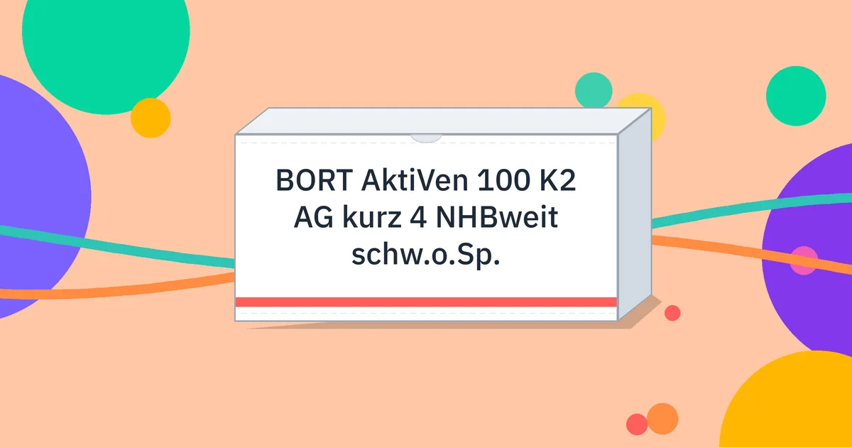 Symbolbild: Packung mit der Aufschrift BORT AktiVen 100 K2 AG kurz 4 NHBweit schw.o.Sp. (PZN 14387480) – Verfügbarkeit und Bezug in Apotheken in Frankfurt am Main