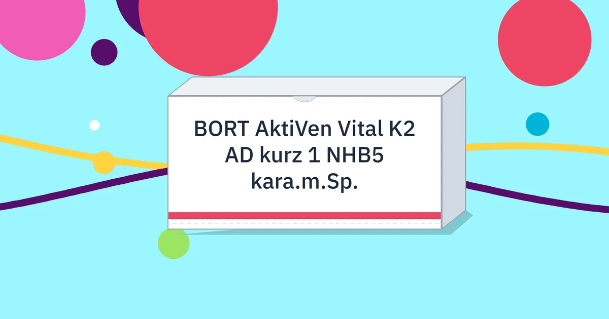Symbolbild: Packung mit der Aufschrift BORT AktiVen Vital K2 AD kurz 1 NHB5 kara.m.Sp. (PZN 17492993) – Verfügbarkeit und Bezug in Apotheken in Frankfurt am Main