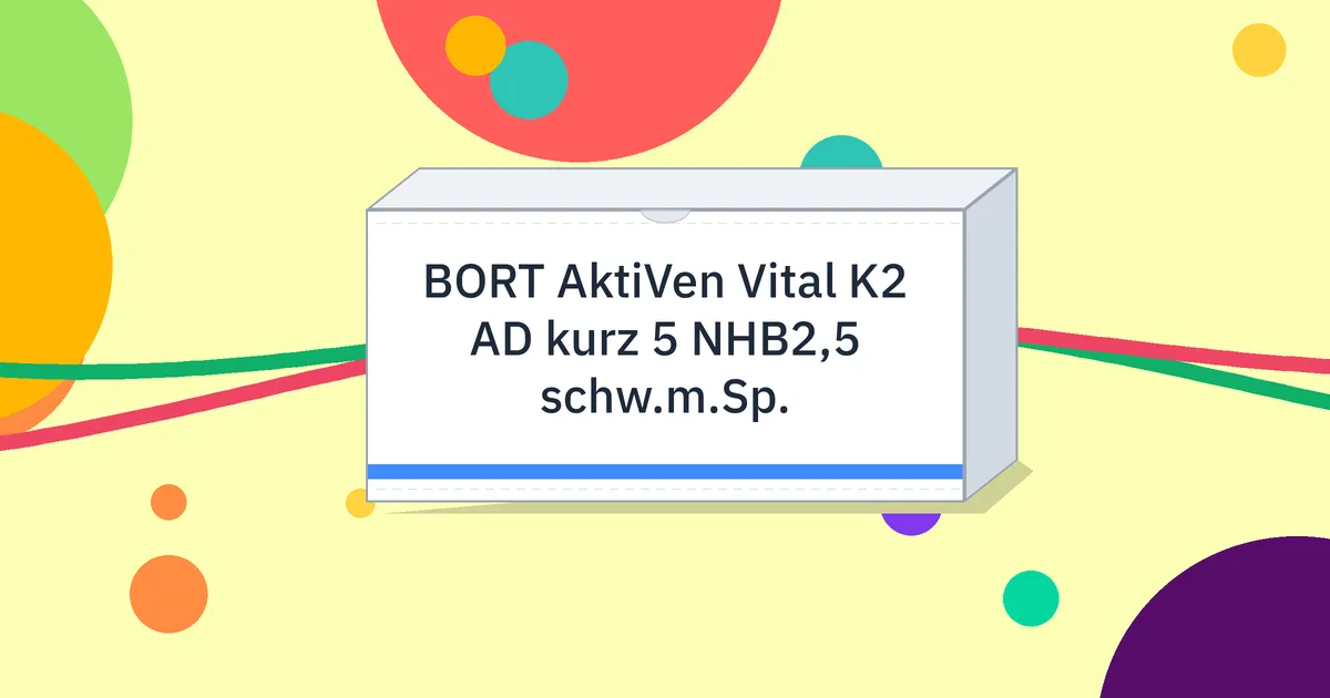 Symbolbild: Packung mit der Aufschrift BORT AktiVen Vital K2 AD kurz 5 NHB2,5 schw.m.Sp. (PZN 17498168) – Verfügbarkeit und Bezug in Apotheken in Frankfurt am Main