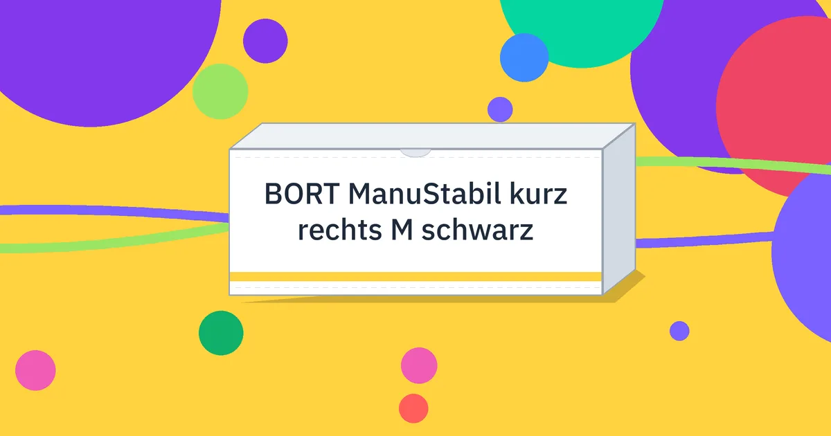 Symbolbild: Packung mit der Aufschrift BORT ManuStabil kurz rechts M schwarz (PZN 05539821) – Verfügbarkeit und Bezug in Apotheken in Frankfurt am Main