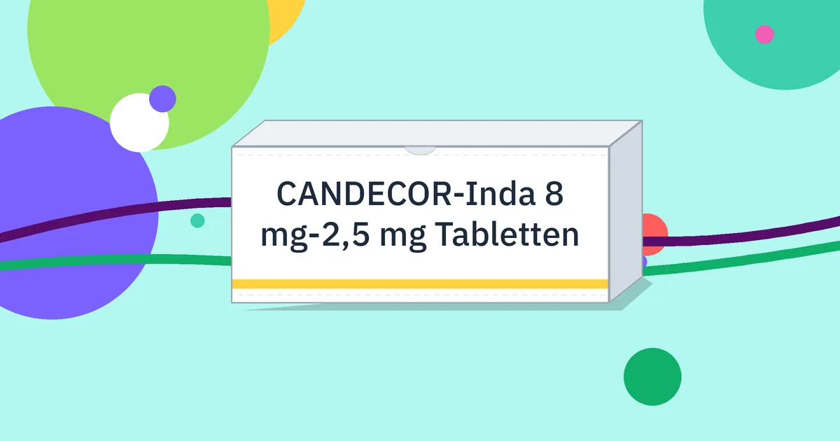 Symbolbild: Packung mit der Aufschrift CANDECOR-Inda 8 mg-2,5 mg Tabletten (PZN 19552073) – Verfügbarkeit und Bezug in Apotheken in Frankfurt am Main