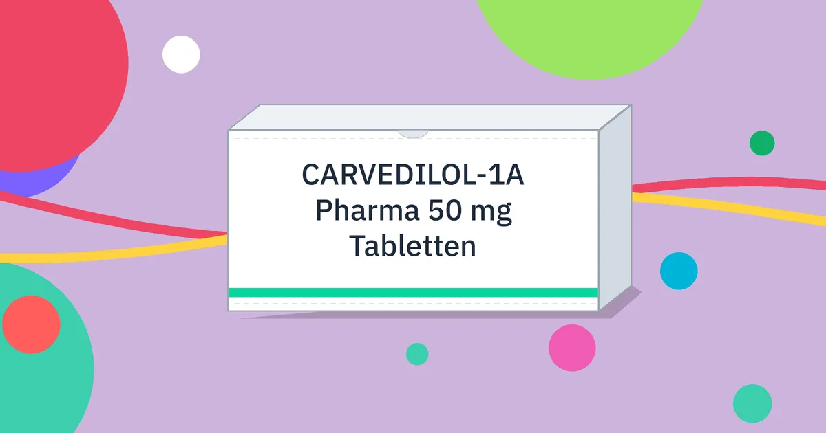 Symbolbild: Packung mit der Aufschrift CARVEDILOL-1A Pharma 50 mg Tabletten (PZN 00918577) – Verfügbarkeit und Bezug in Apotheken in Frankfurt am Main