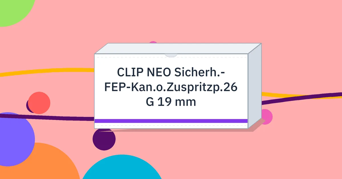 Symbolbild: Packung mit der Aufschrift CLIP NEO Sicherh.-FEP-Kan.o.Zuspritzp.26 G 19 mm (PZN 11511956) – Verfügbarkeit und Bezug in Apotheken in Frankfurt am Main