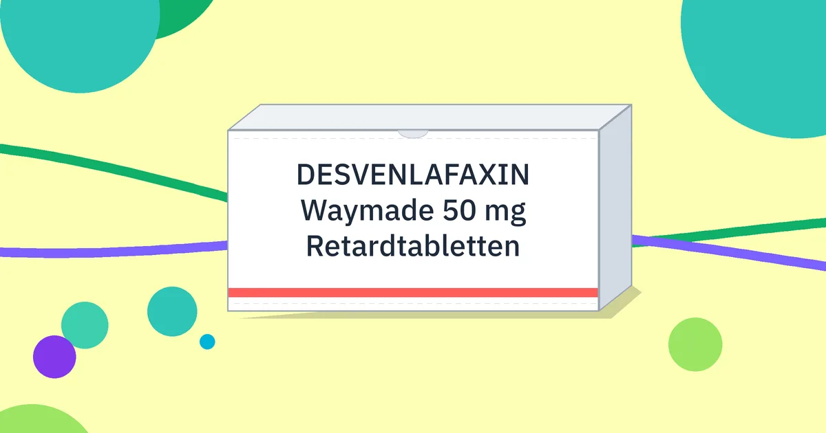 Symbolbild: Packung mit der Aufschrift DESVENLAFAXIN Waymade 50 mg Retardtabletten (PZN 20022245) – Verfügbarkeit und Bezug in Apotheken in Frankfurt am Main