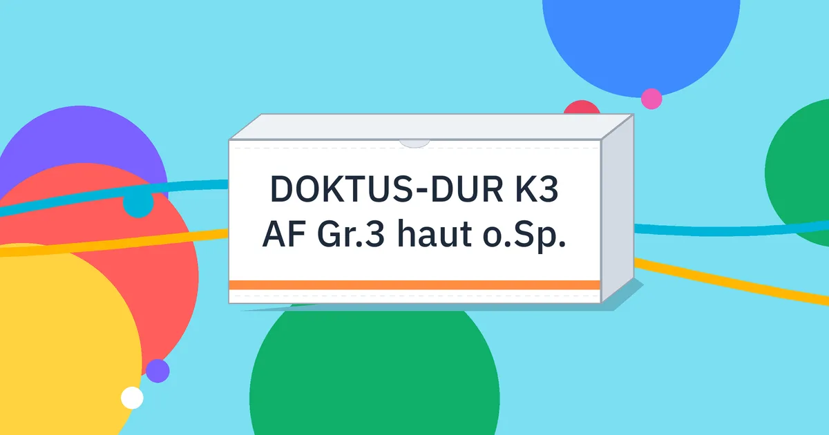 Symbolbild: Packung mit der Aufschrift DOKTUS-DUR K3 AF Gr.3 haut o.Sp. (PZN 00596978) – Verfügbarkeit und Bezug in Apotheken in Frankfurt am Main