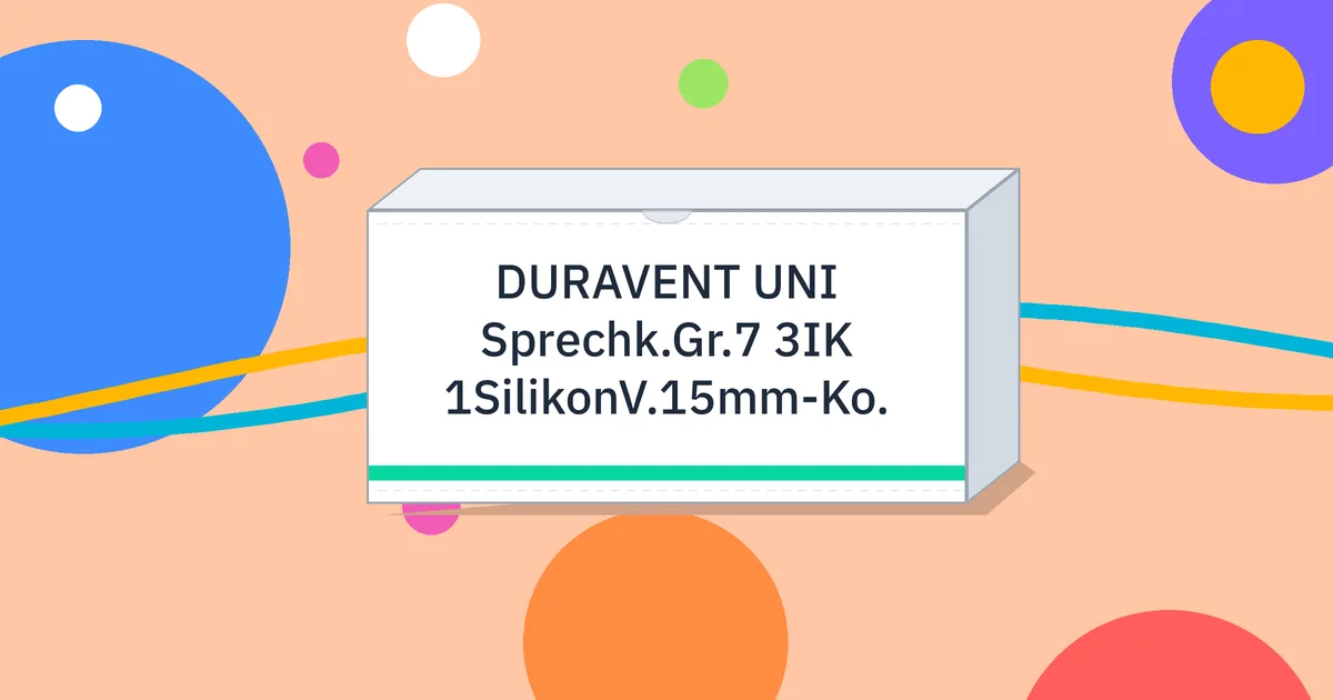 Symbolbild: Packung mit der Aufschrift DURAVENT UNI Sprechk.Gr.7 3IK 1SilikonV.15mm-Ko. (PZN 02083415) – Verfügbarkeit und Bezug in Apotheken in Frankfurt am Main