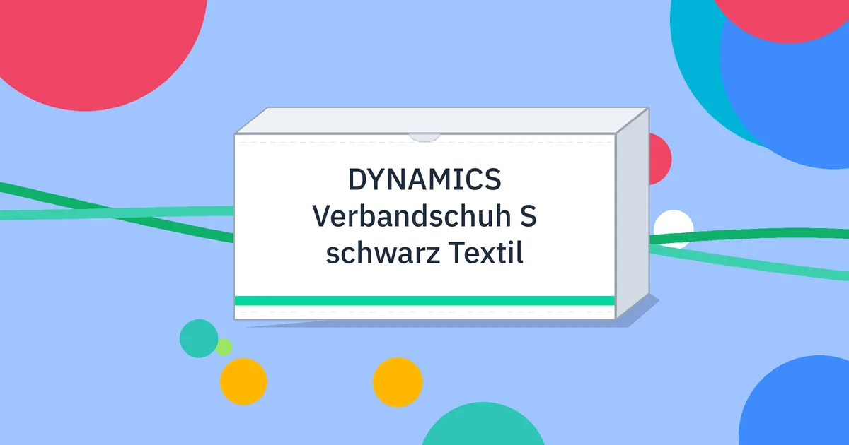 Symbolbild: Packung mit der Aufschrift DYNAMICS Verbandschuh S schwarz Textil (PZN 10635722) – Verfügbarkeit und Bezug in Apotheken in Frankfurt am Main