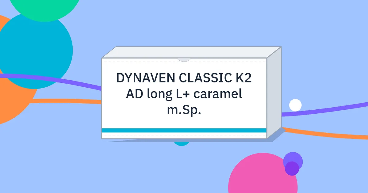 Symbolbild: Packung mit der Aufschrift DYNAVEN CLASSIC K2 AD long L+ caramel m.Sp. (PZN 18417901) – Verfügbarkeit und Bezug in Apotheken in Frankfurt am Main