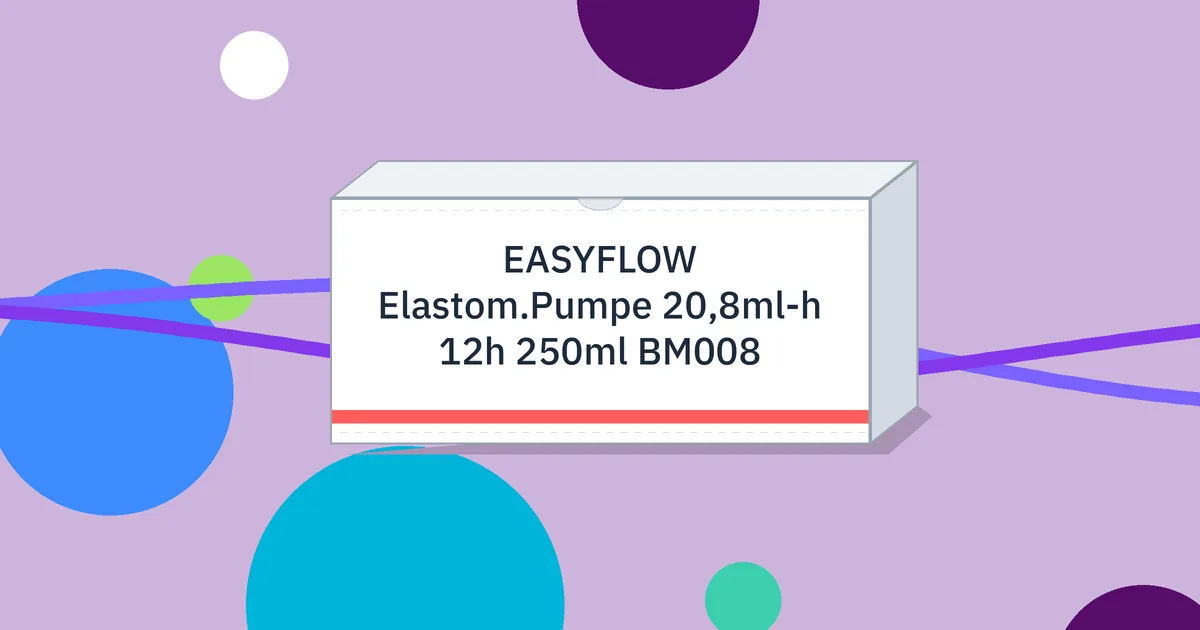 Symbolbild: Packung mit der Aufschrift EASYFLOW Elastom.Pumpe 20,8ml-h 12h 250ml BM008 (PZN 19774230) – Verfügbarkeit und Bezug in Apotheken in Frankfurt am Main
