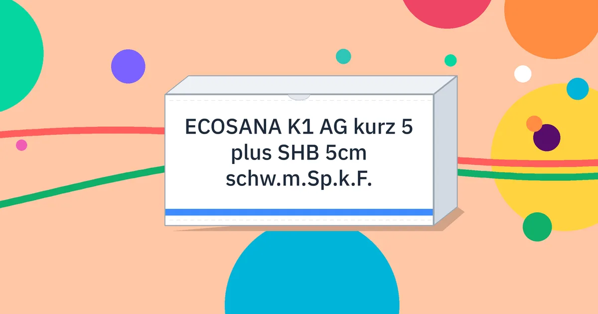 Symbolbild: Packung mit der Aufschrift ECOSANA K1 AG kurz 5 plus SHB 5cm schw.m.Sp.k.F. (PZN 04728974) – Verfügbarkeit und Bezug in Apotheken in Frankfurt am Main