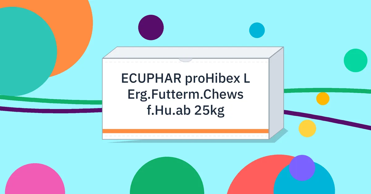 Symbolbild: Packung mit der Aufschrift ECUPHAR proHibex L Erg.Futterm.Chews f.Hu.ab 25kg (PZN 20691957) – Verfügbarkeit und Bezug in Apotheken in Frankfurt am Main