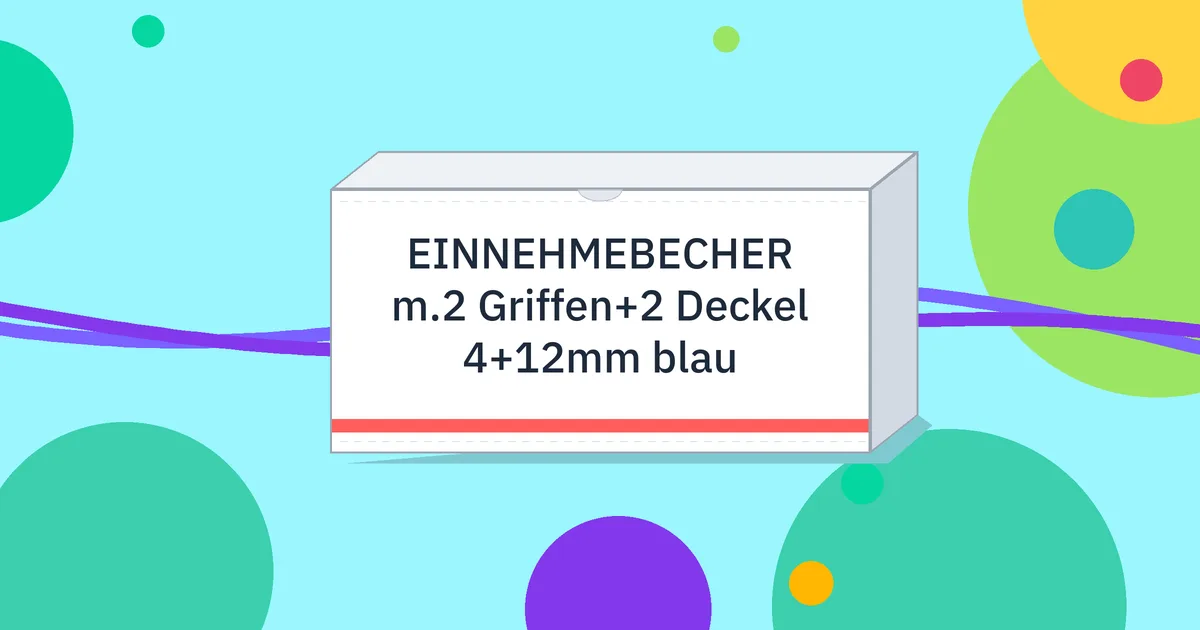 Symbolbild: Packung mit der Aufschrift EINNEHMEBECHER m.2 Griffen+2 Deckel 4+12mm blau (PZN 01687743) – Verfügbarkeit und Bezug in Apotheken in Frankfurt am Main