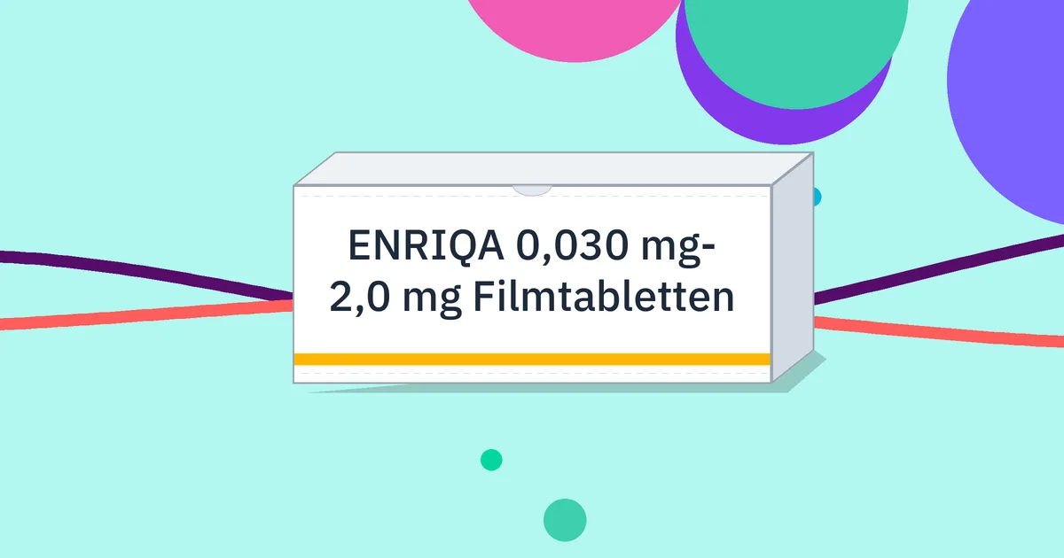 Symbolbild: Packung mit der Aufschrift ENRIQA 0,030 mg-2,0 mg Filmtabletten (PZN 09156040) – Verfügbarkeit und Bezug in Apotheken in Frankfurt am Main
