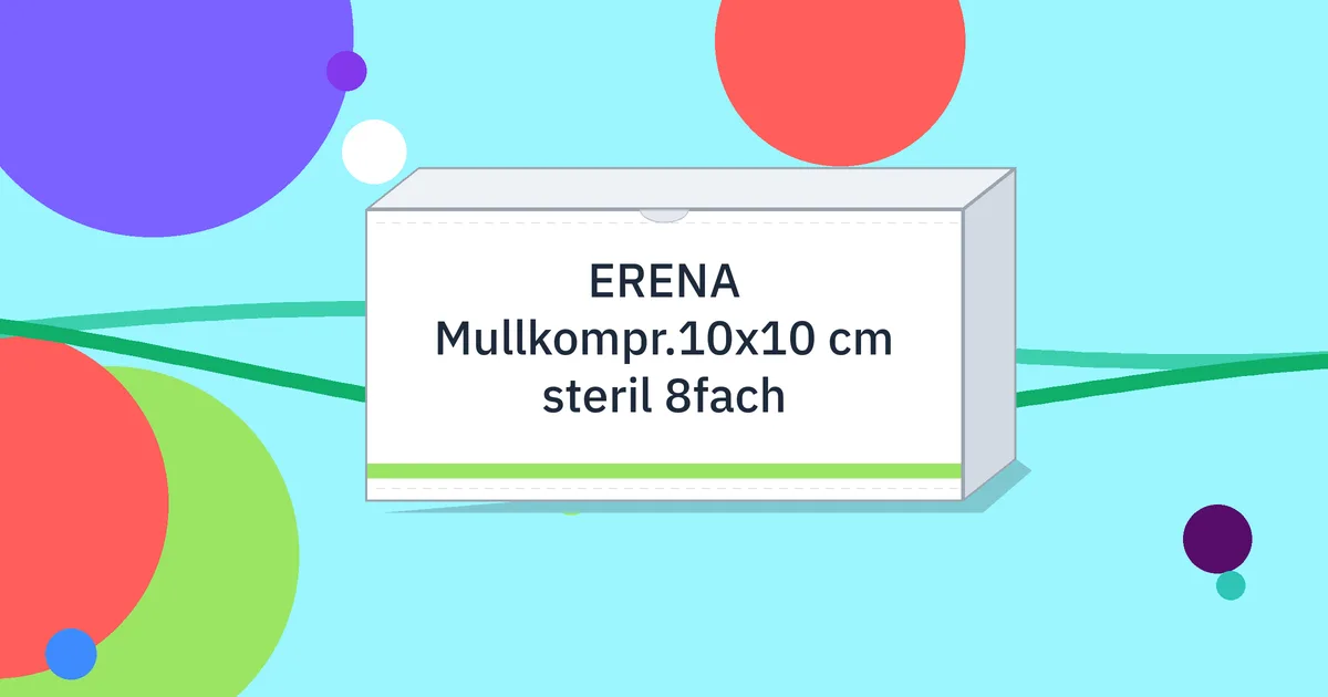 Symbolbild: Packung mit der Aufschrift ERENA Mullkompr.10x10 cm steril 8fach (PZN 03305384) – Verfügbarkeit und Bezug in Apotheken in Frankfurt am Main