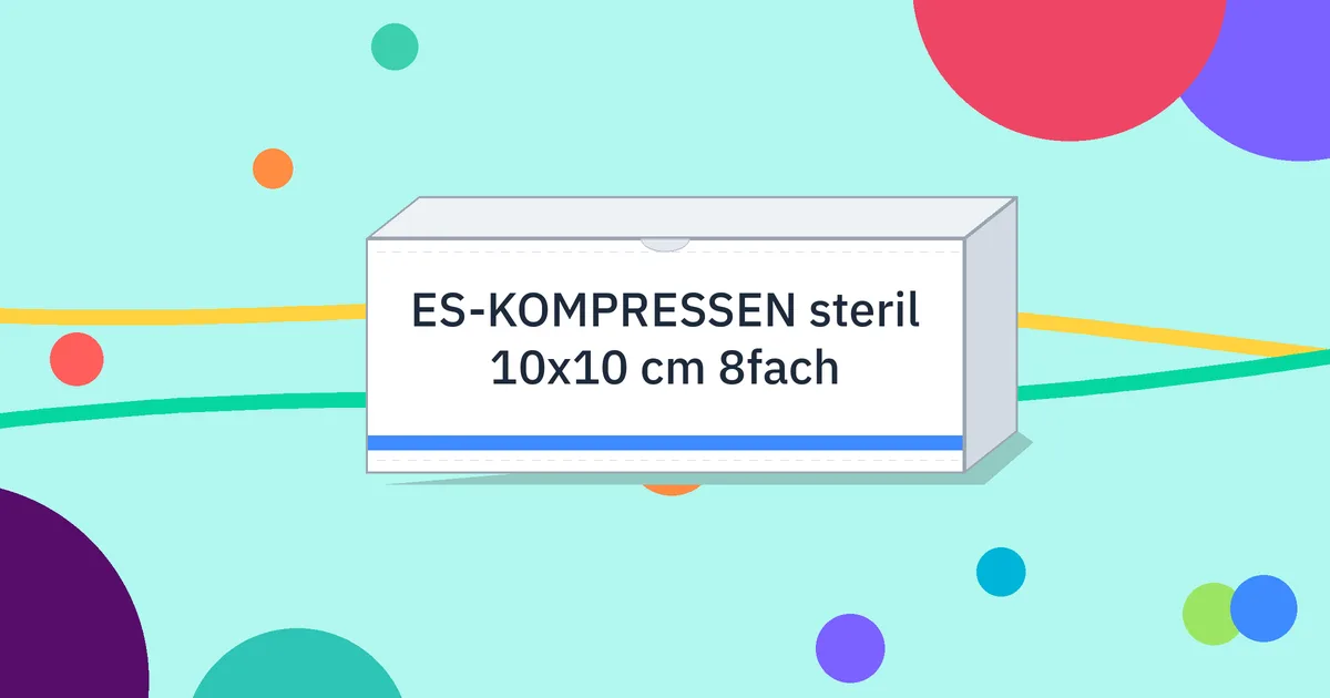 Symbolbild: Packung mit der Aufschrift ES-KOMPRESSEN steril 10x10 cm 8fach (PZN 12564630) – Verfügbarkeit und Bezug in Apotheken in Frankfurt am Main